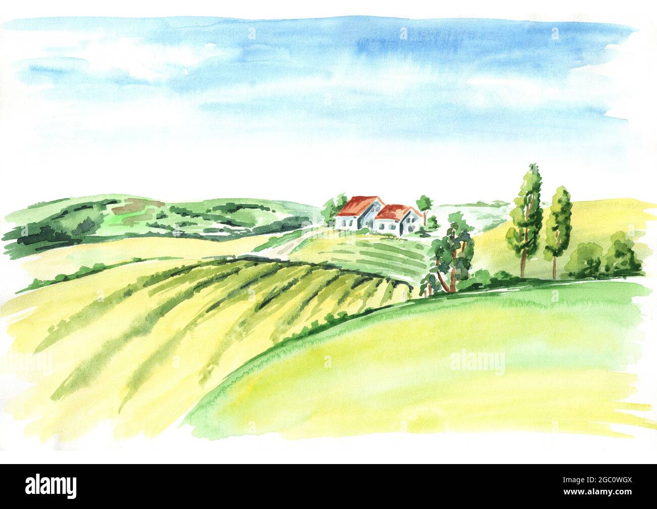 Old farm and fields in countryside. Watercolor hand drawn illustration ...