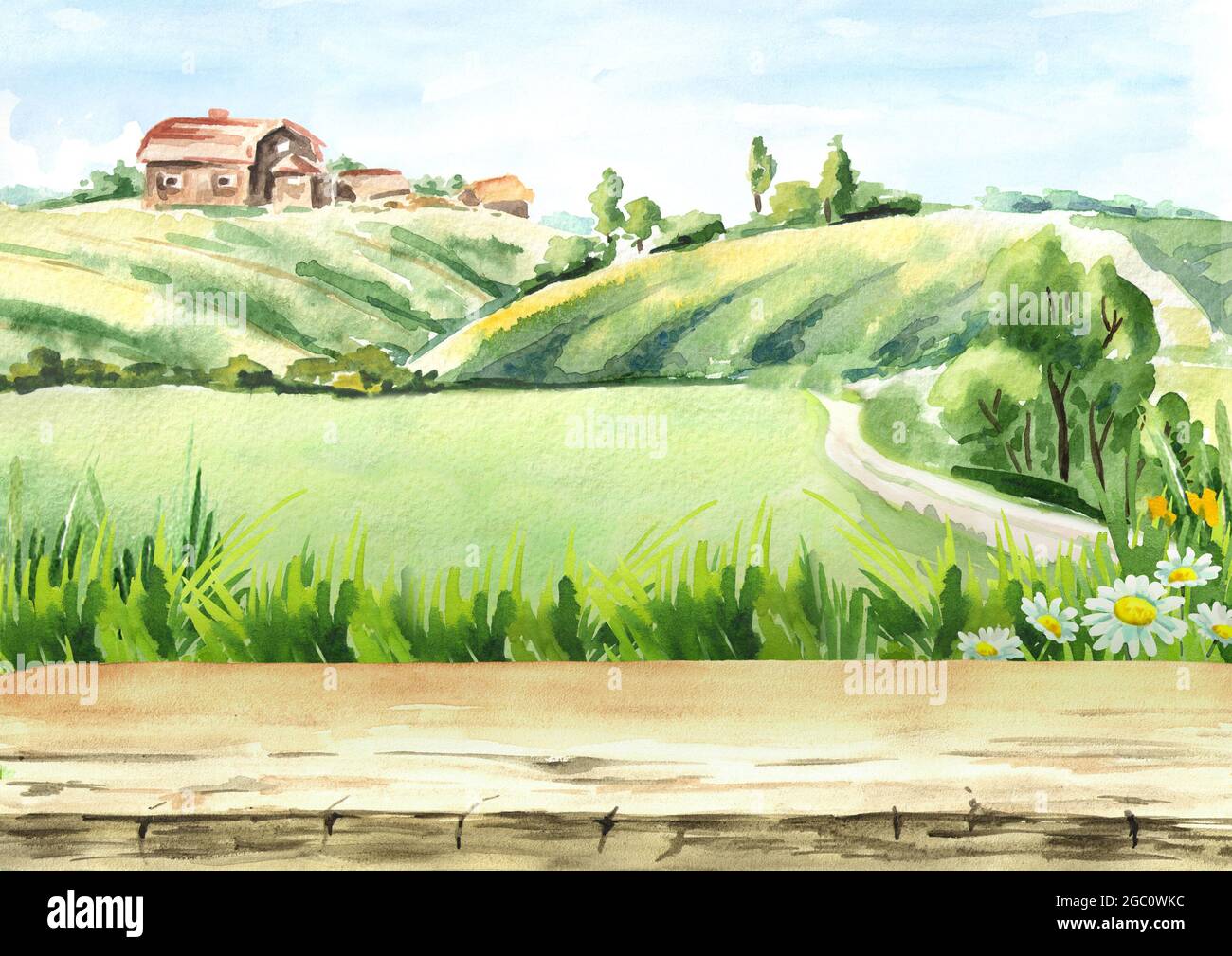 Old farm in rural landscape and empty table as background . Watercolor ...