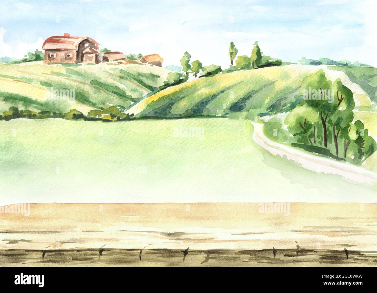 Old farm in rural landscape and empty table as background. Watercolor ...