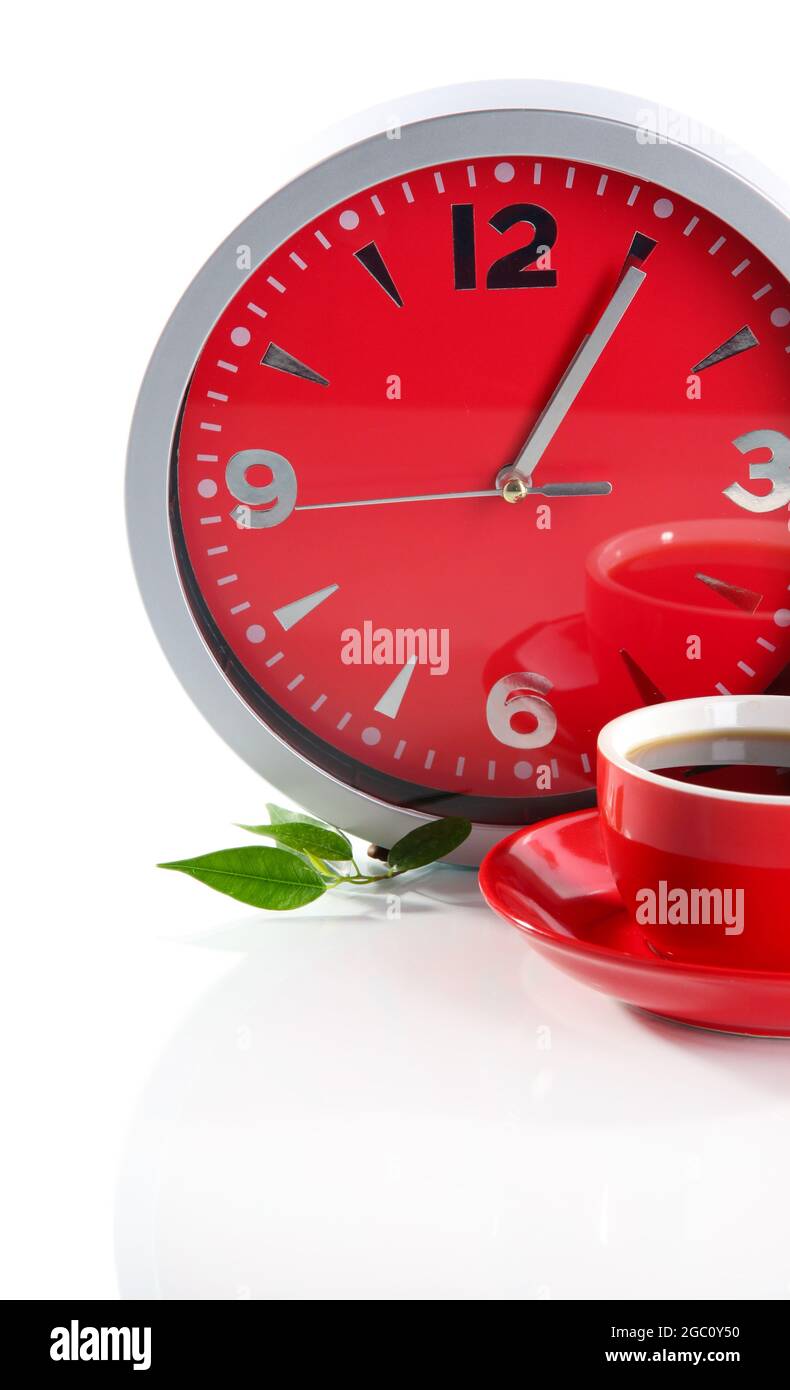 Cup coffee and clock isolated on white Stock Photo - Alamy