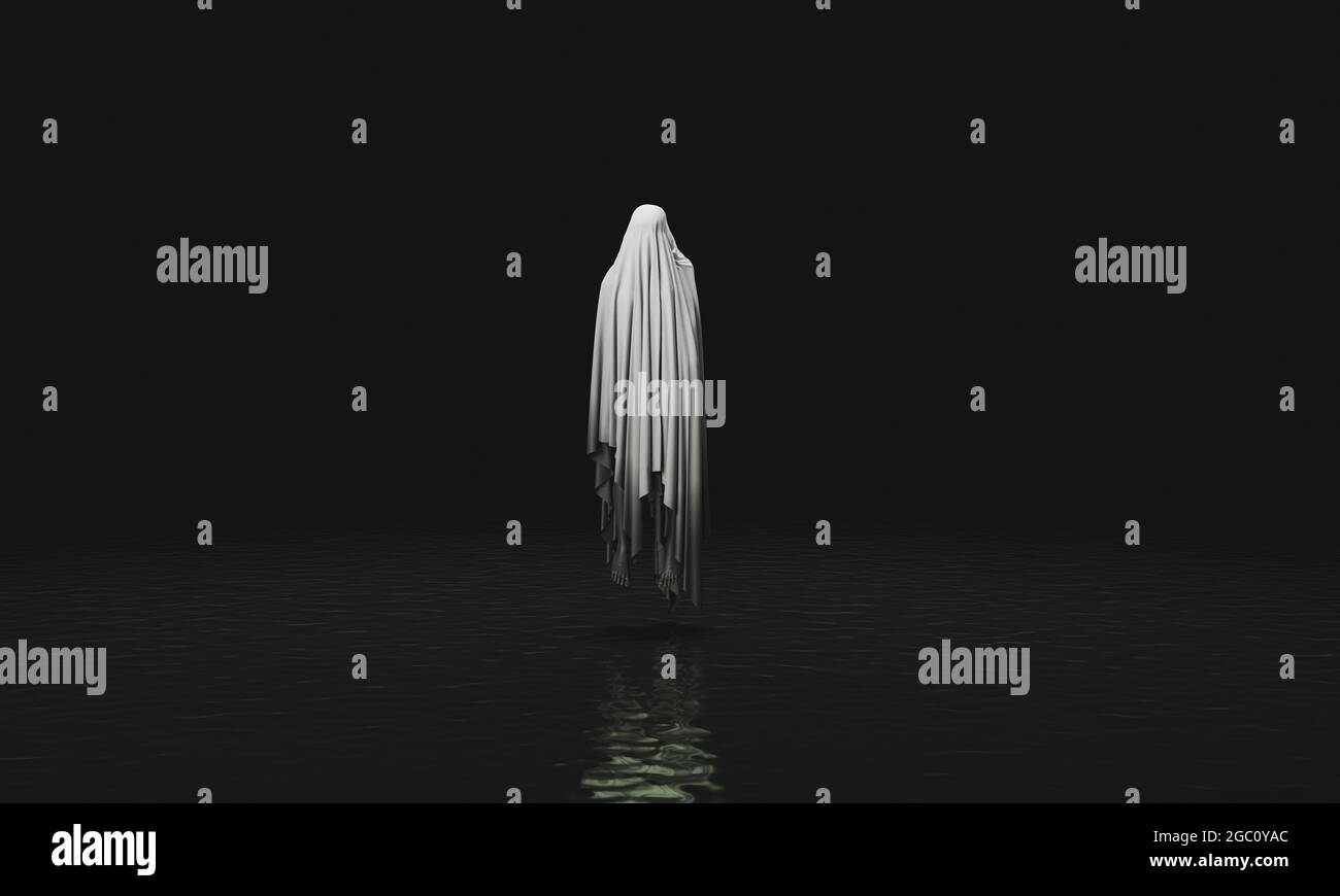 evil spirit levitating over a dark lake. ghost with dark body. spooky ...
