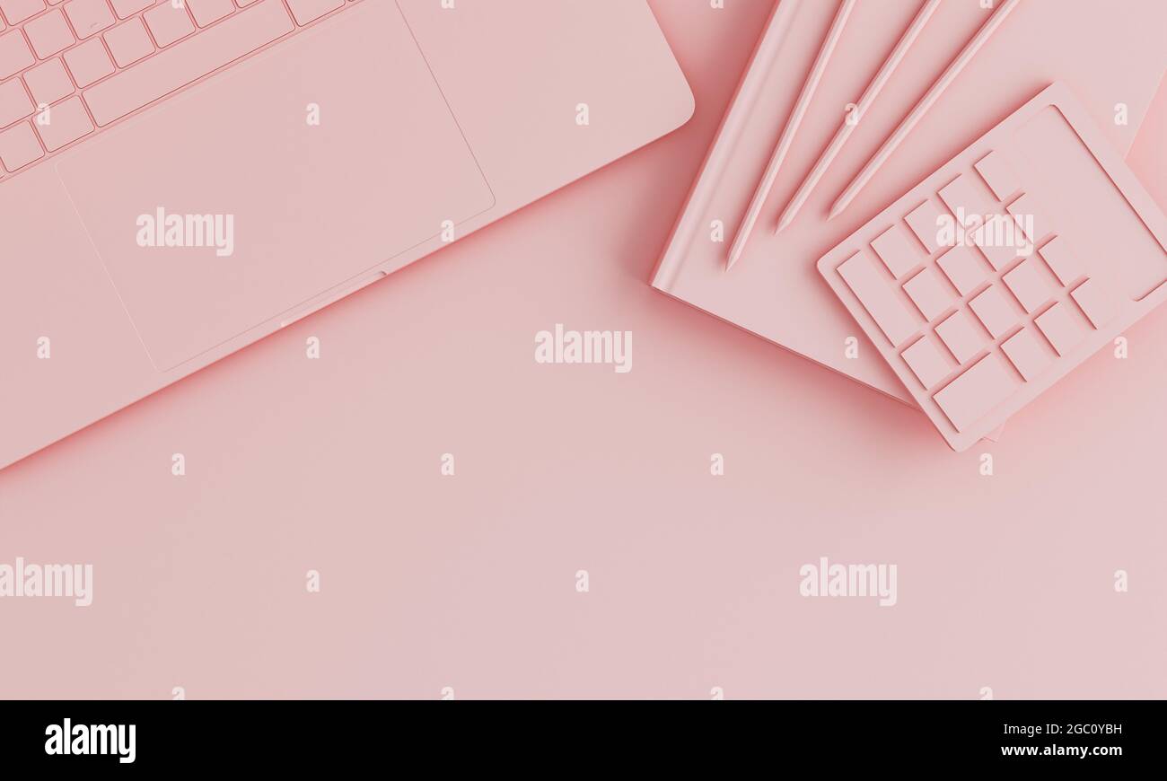 minimal pink background with top view of a laptop, calculator and book ...