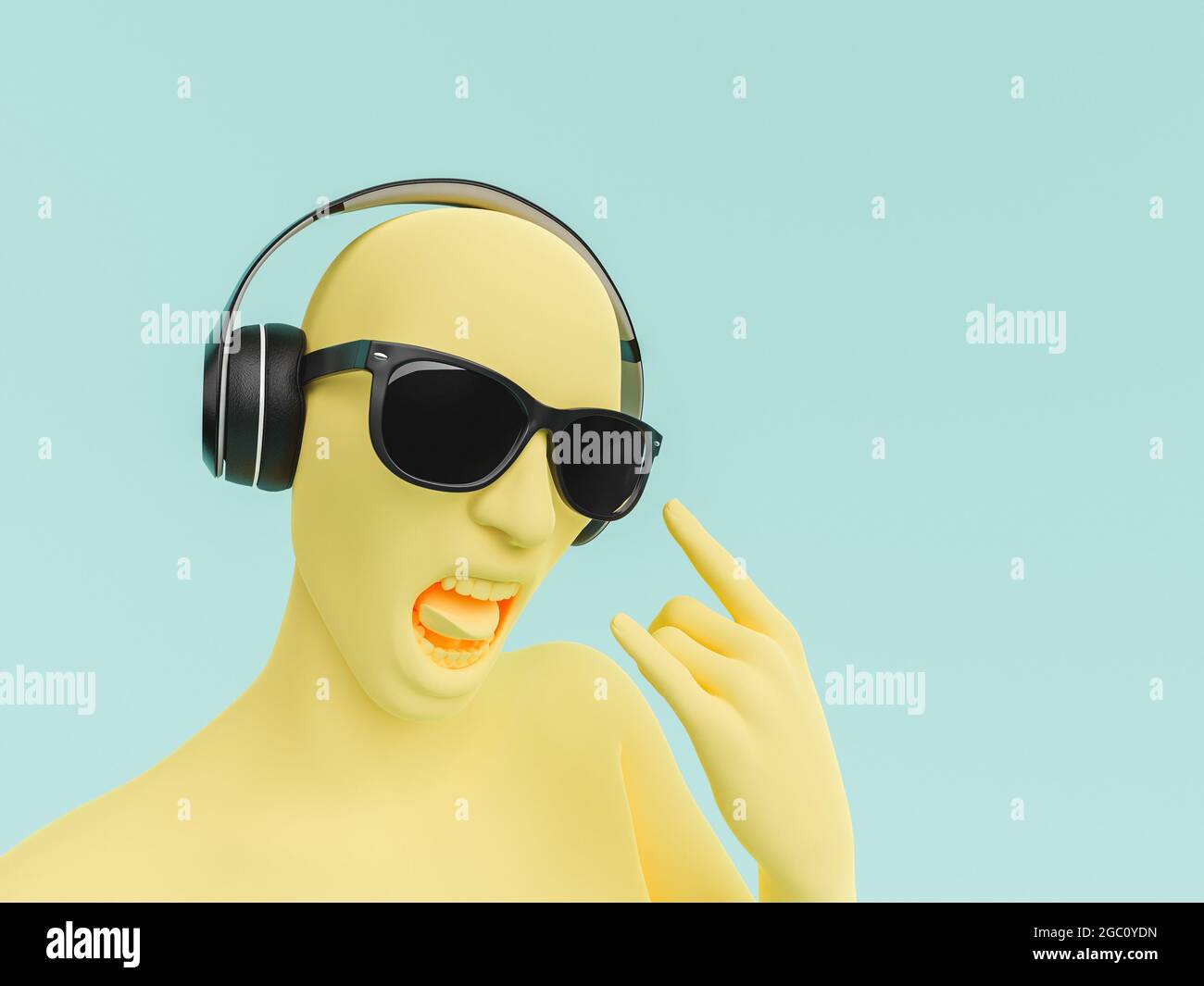 3d character with rocker expression, sunglasses and headphones. tongue ...