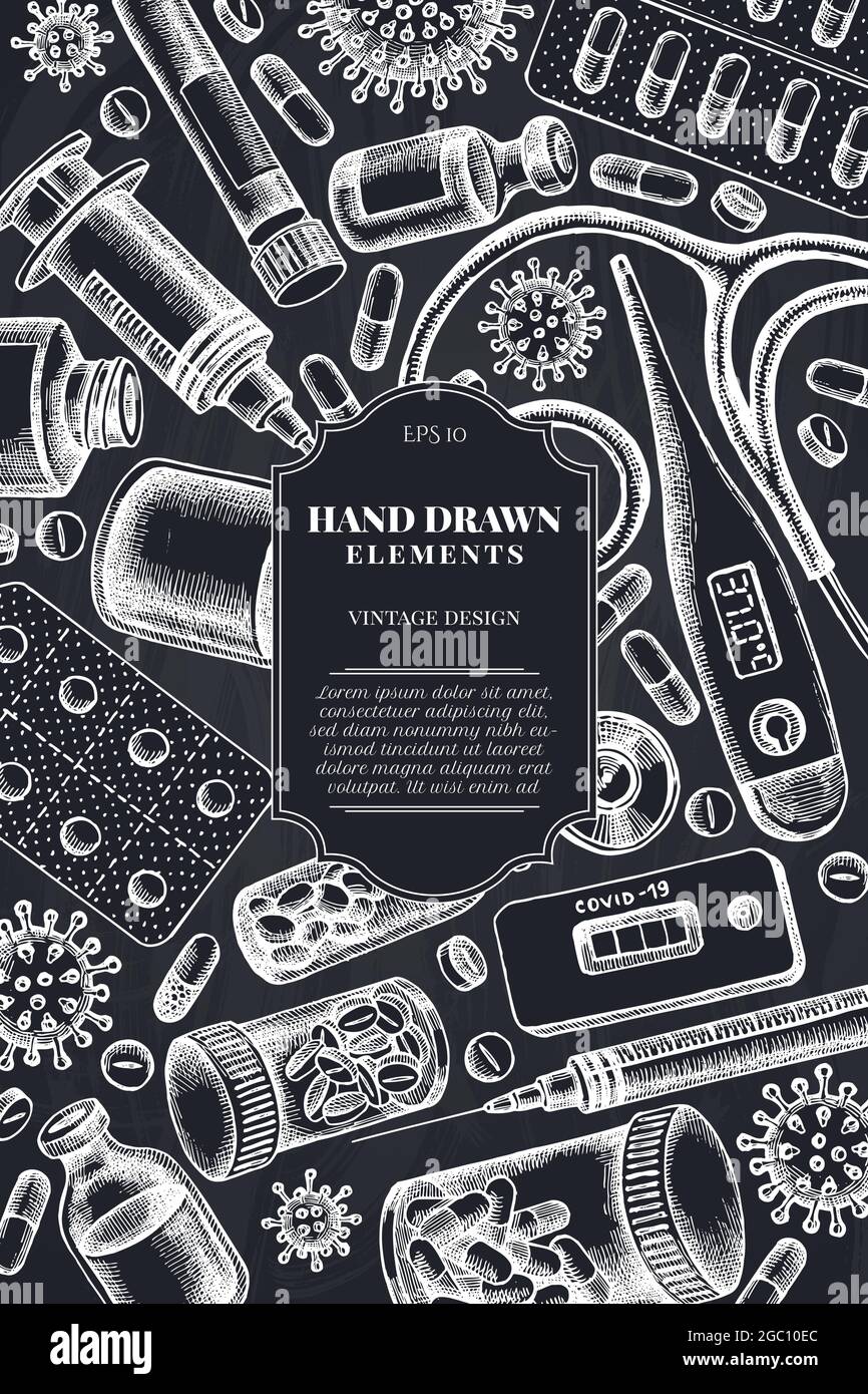 Card design with chalk vial of blood, pills and medicines, medical ...