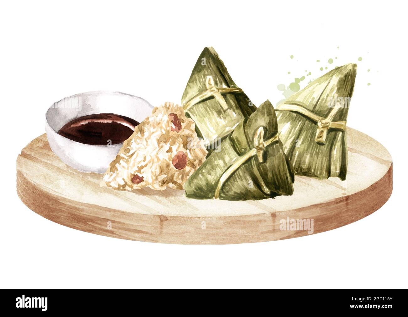 Rice dumpling or Zongzi wrapping in bamboo leaves with sauce on the ...