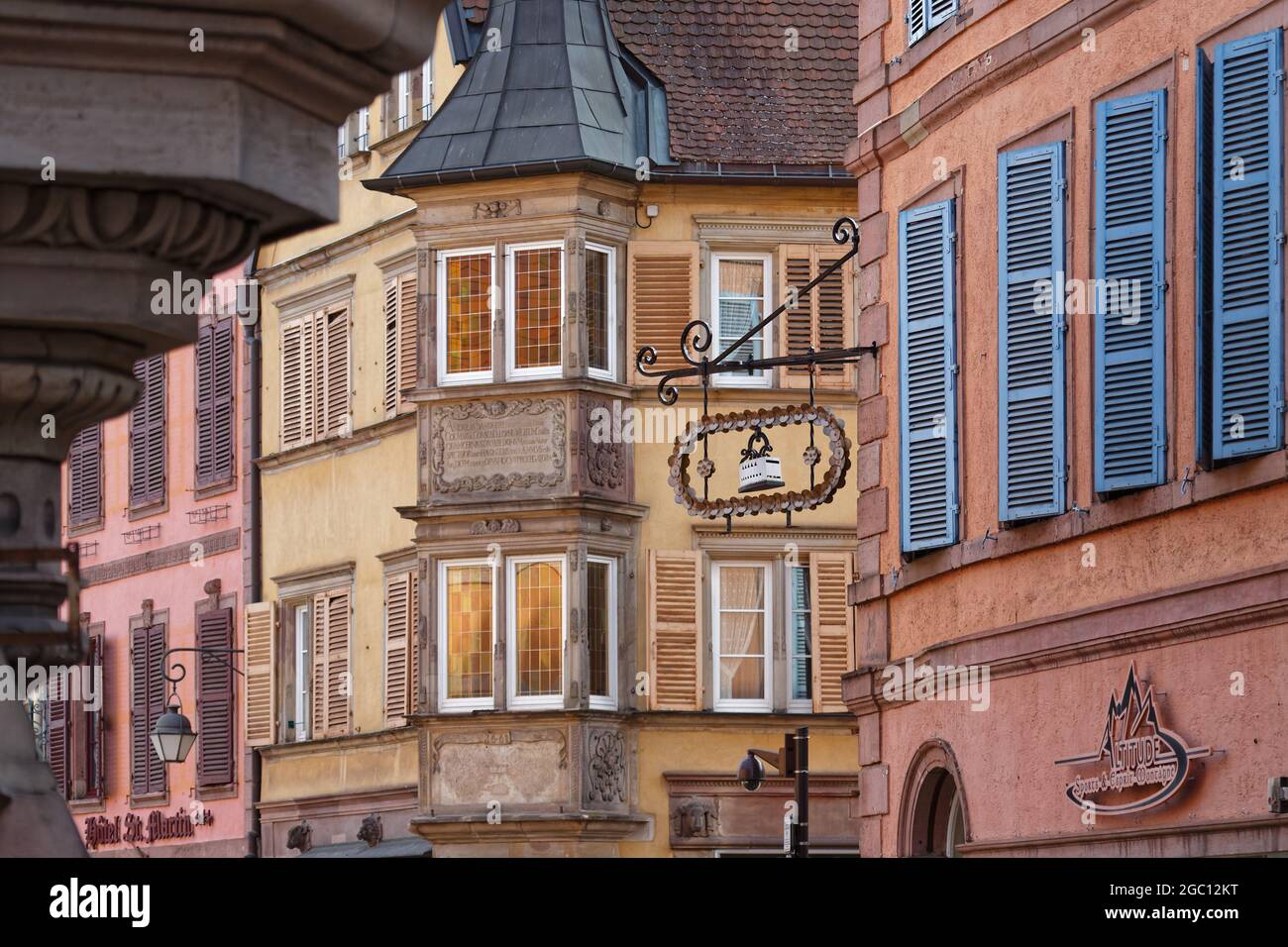 COLMAR, FRANCE, June 26, 2021 : Sign for store on old walls. City has a ...