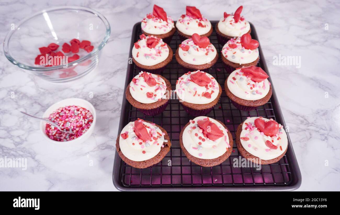 Step by step. Decorating red velvet cupcakes with sprinkles and ...