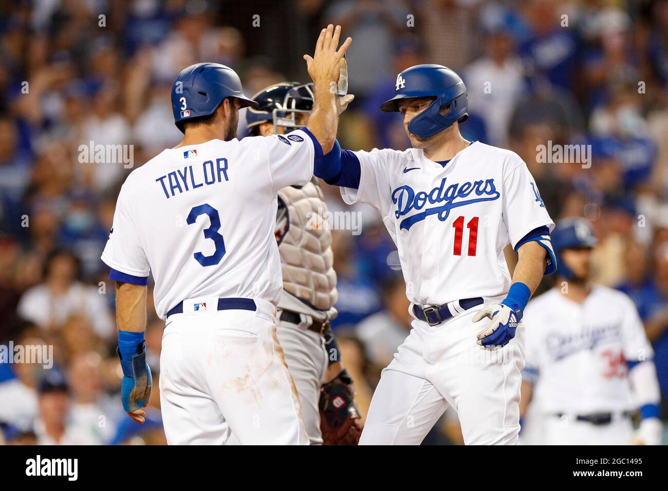 Los Angeles Dodgers left fielder AJ Pollock hits a home run during an ...