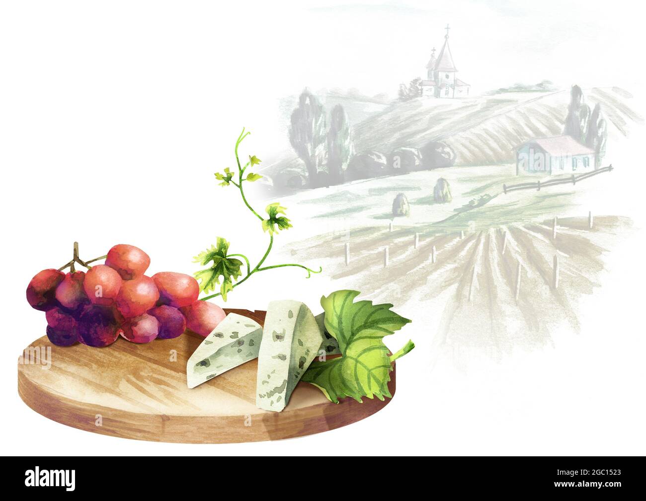 Background for your products with a table, grapes and landscape Stock ...