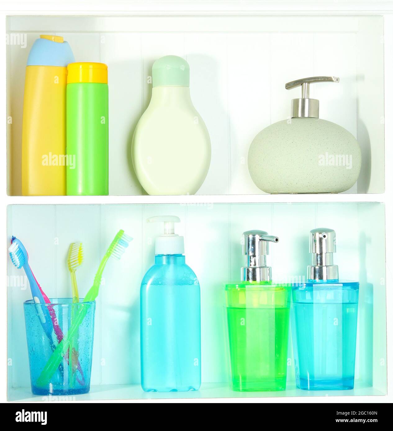 Beautiful white shelves with different bathroom objects Stock Photo - Alamy