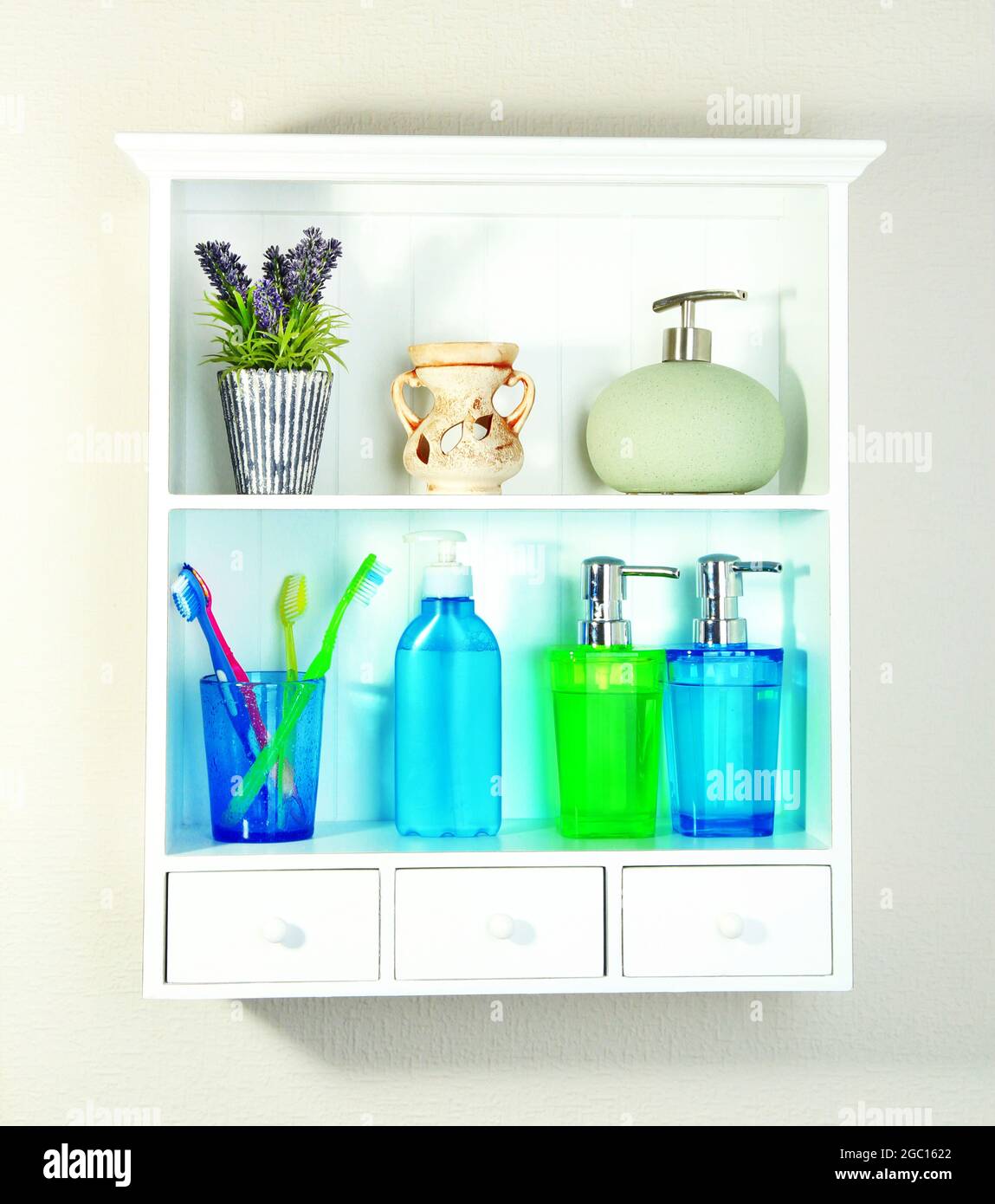 Beautiful white shelves with different bathroom objects Stock Photo - Alamy