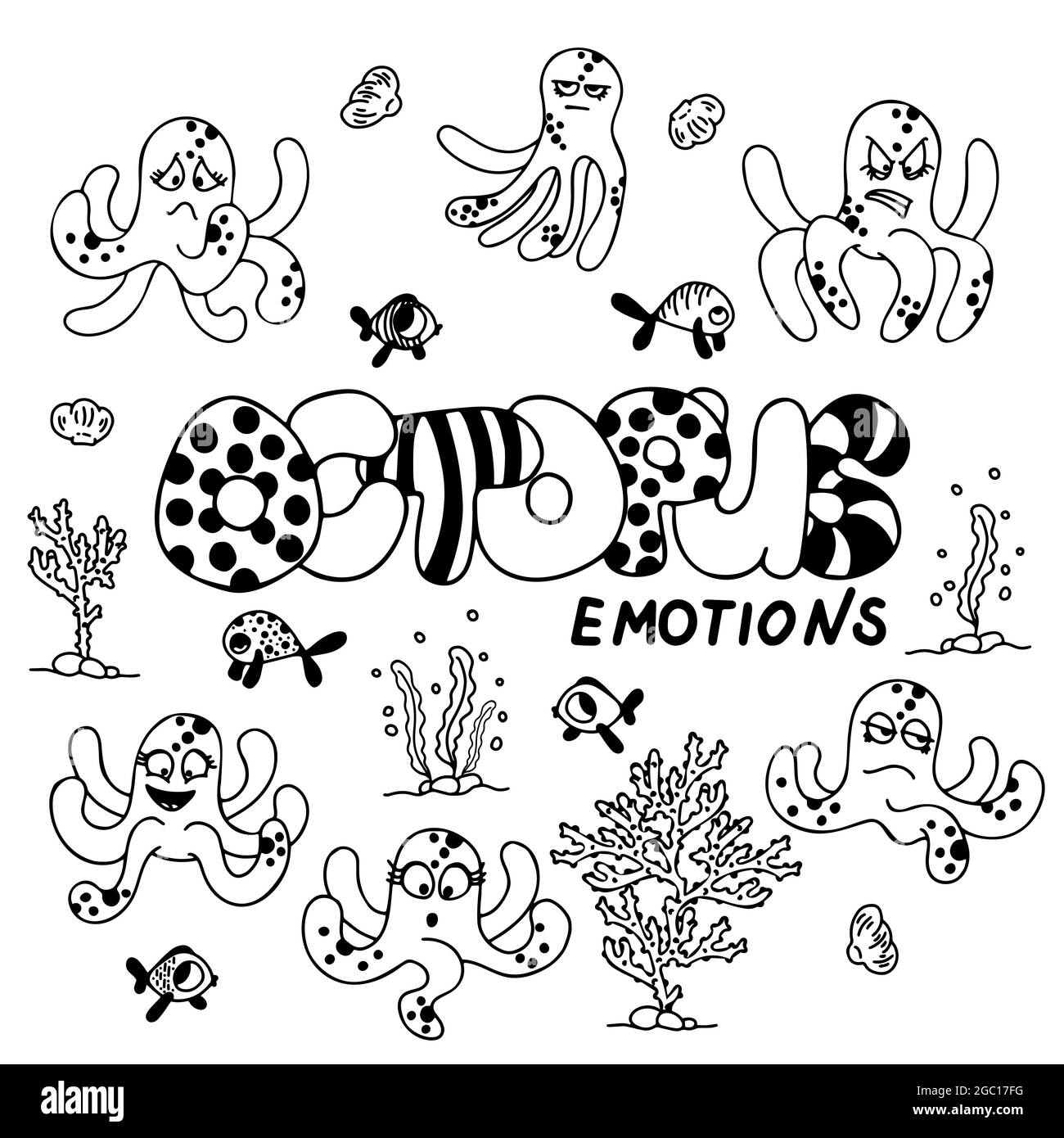 Octopus doodle hand drawn set. Line art. Isolated on white background ...