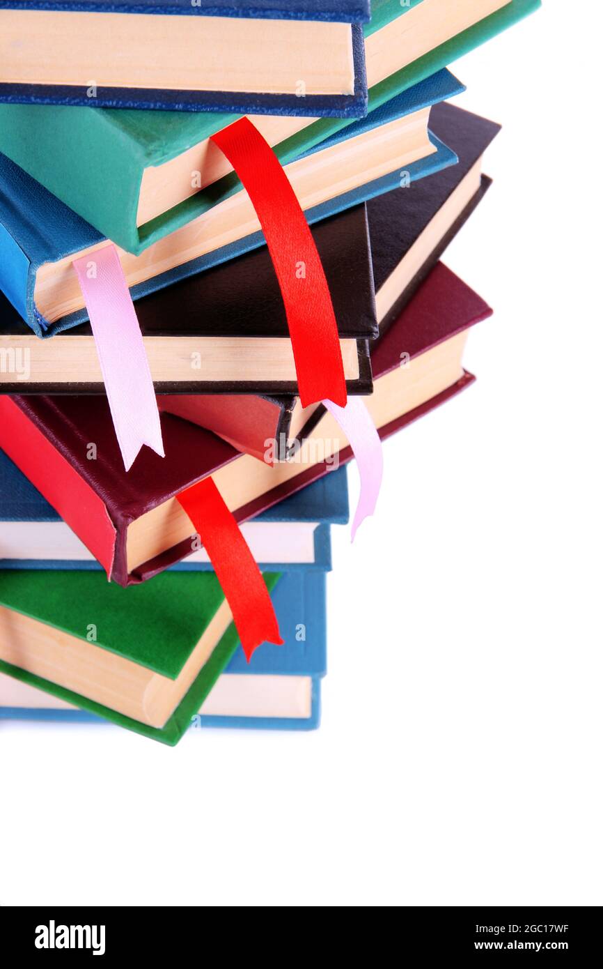 Many books with bookmarks isolated on white Stock Photo - Alamy