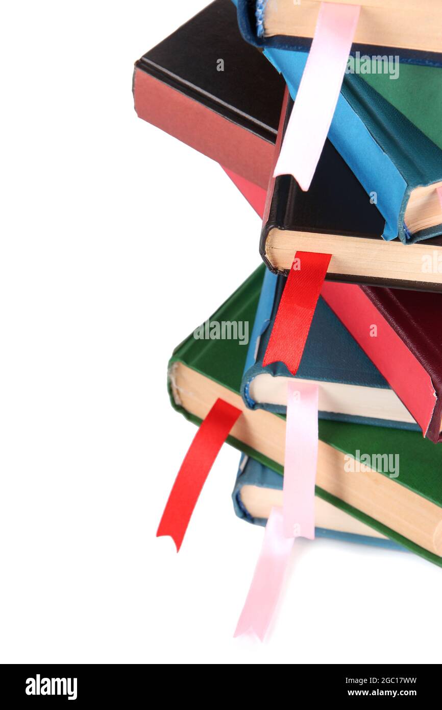 Many books with bookmarks isolated on white Stock Photo - Alamy