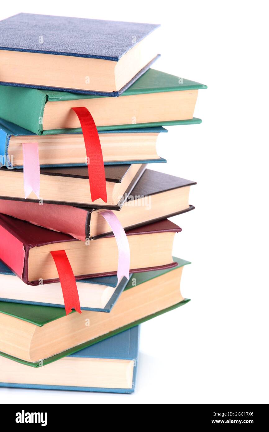 Many books with bookmarks isolated on white Stock Photo - Alamy