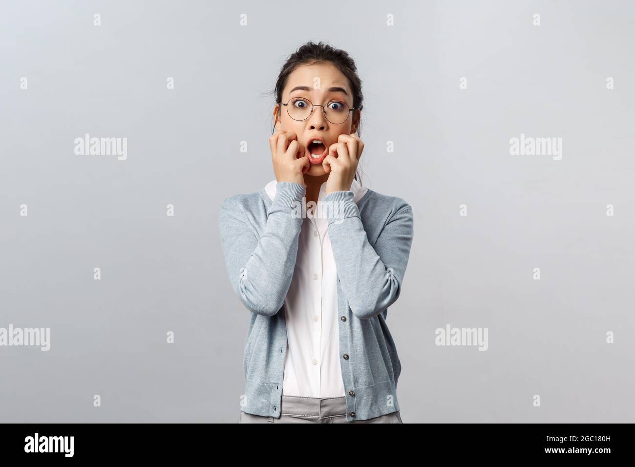 Emotions, people and lifestyle concept. Scared, startled asian woman ...