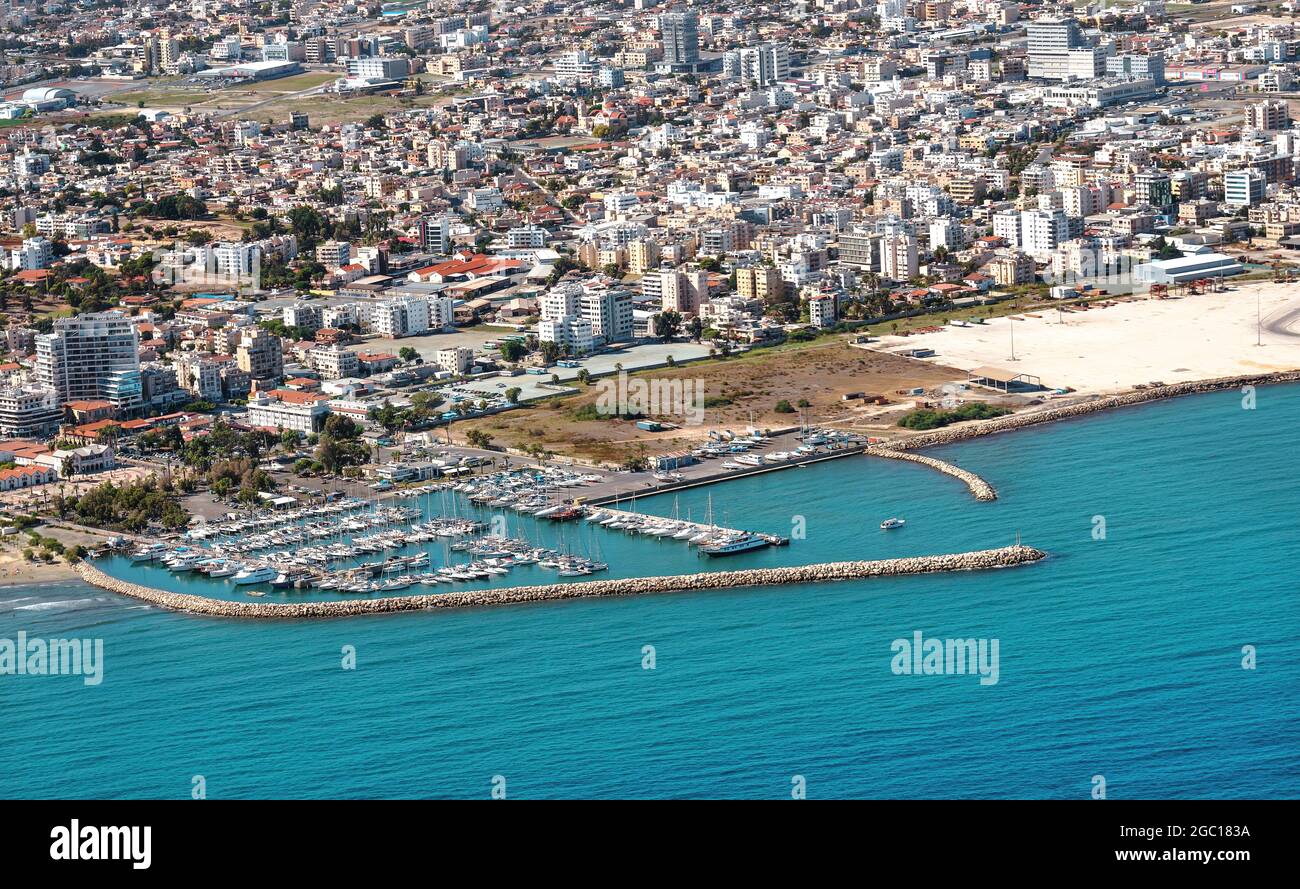 Sea port city of Larnaca, Cyprus. View from the aircraft to the ...