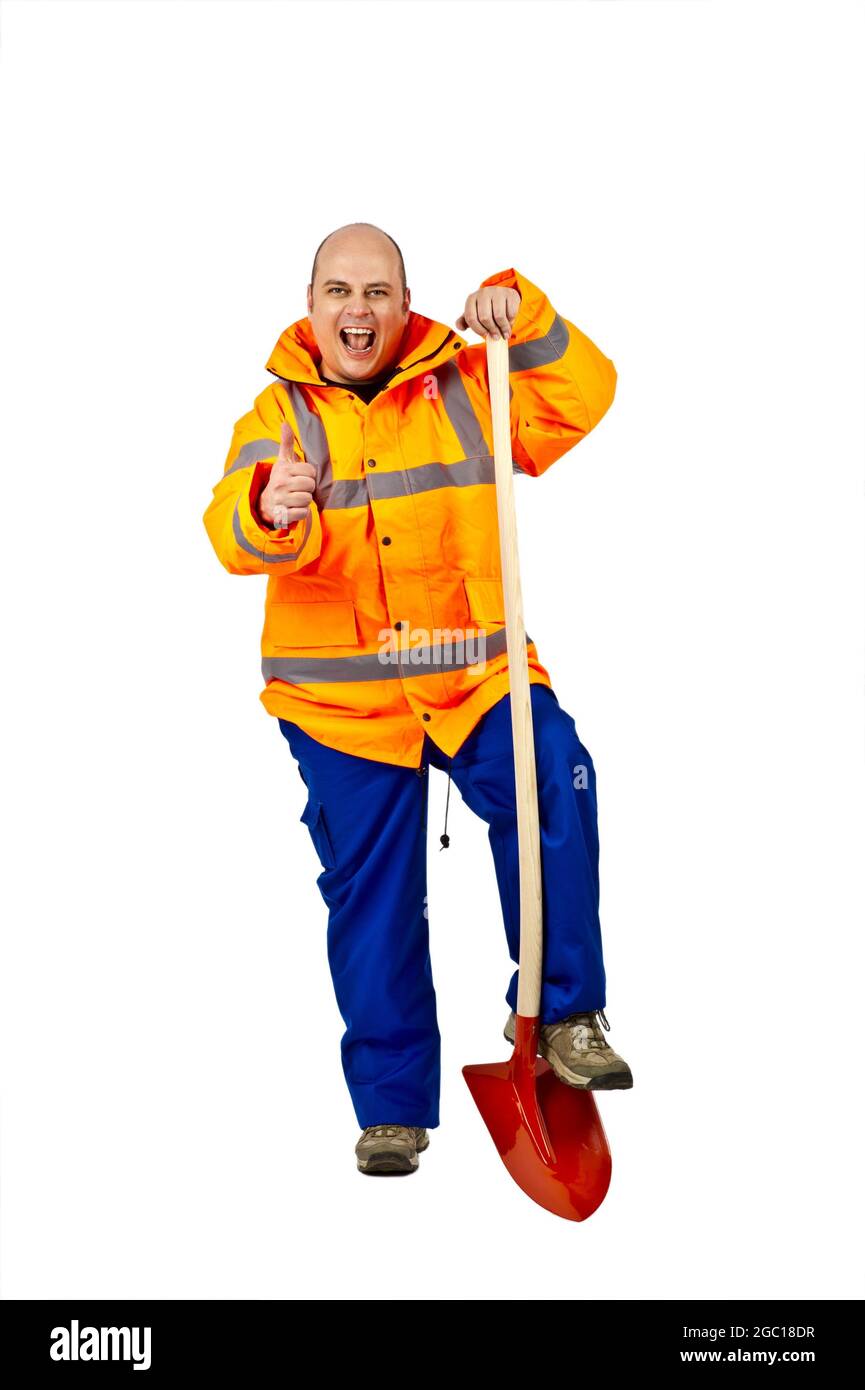 blue collar worker in signal clothing with chovel Stock Photo - Alamy