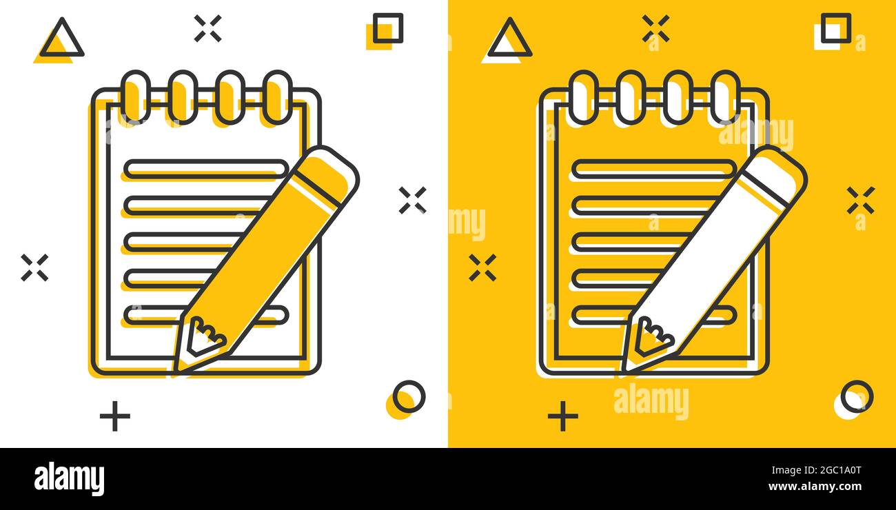 Vector cartoon document with pencil icon in comic style. Note with pen ...