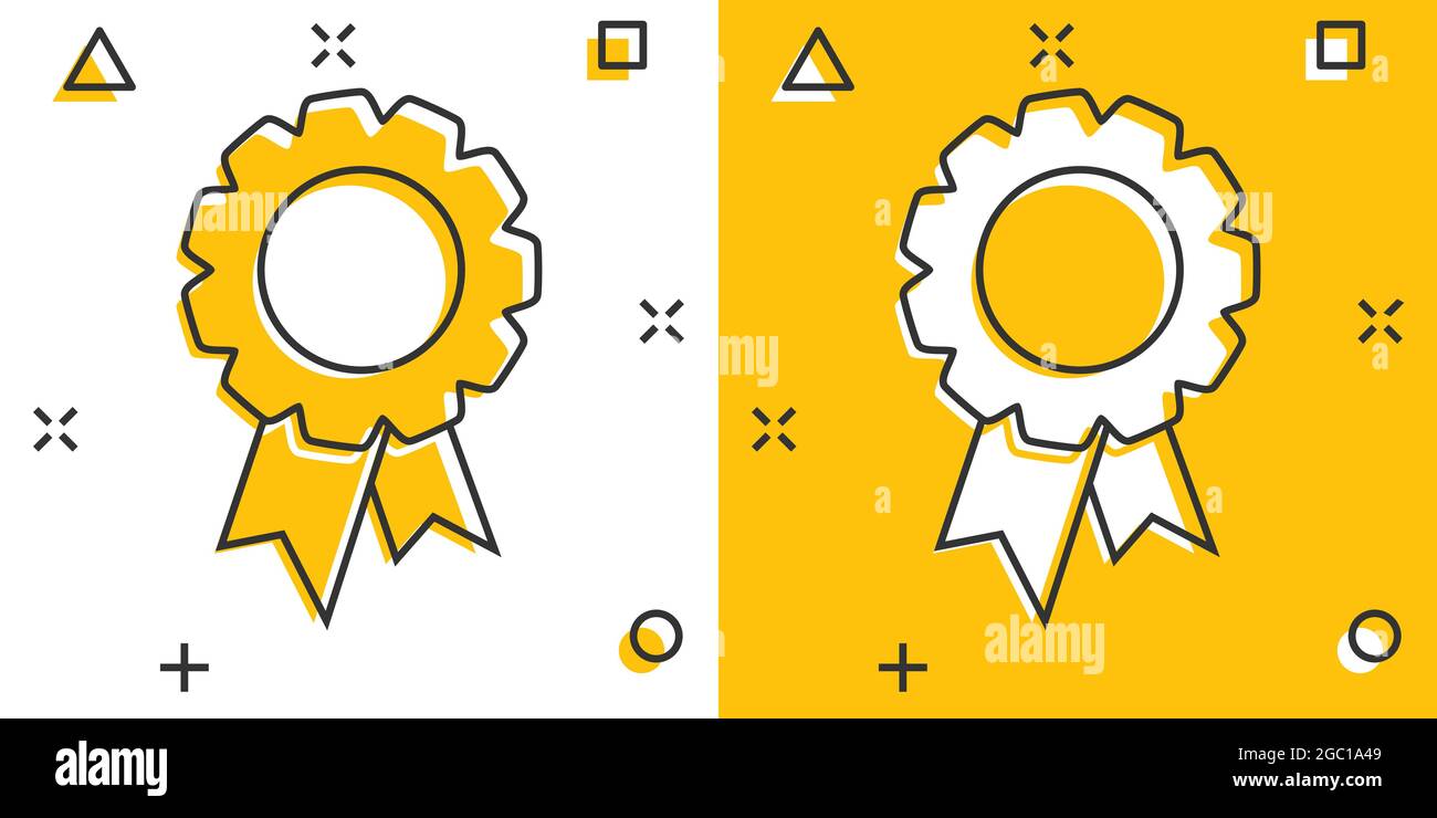 Vector cartoon badge with ribbon icon in comic style. Award medal sign ...