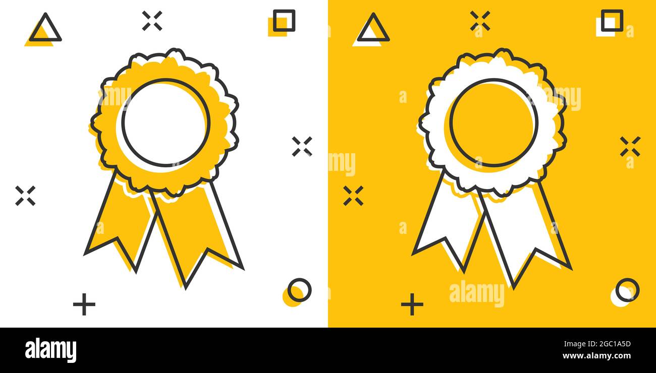 Vector cartoon badge with ribbon icon in comic style. Award medal sign ...