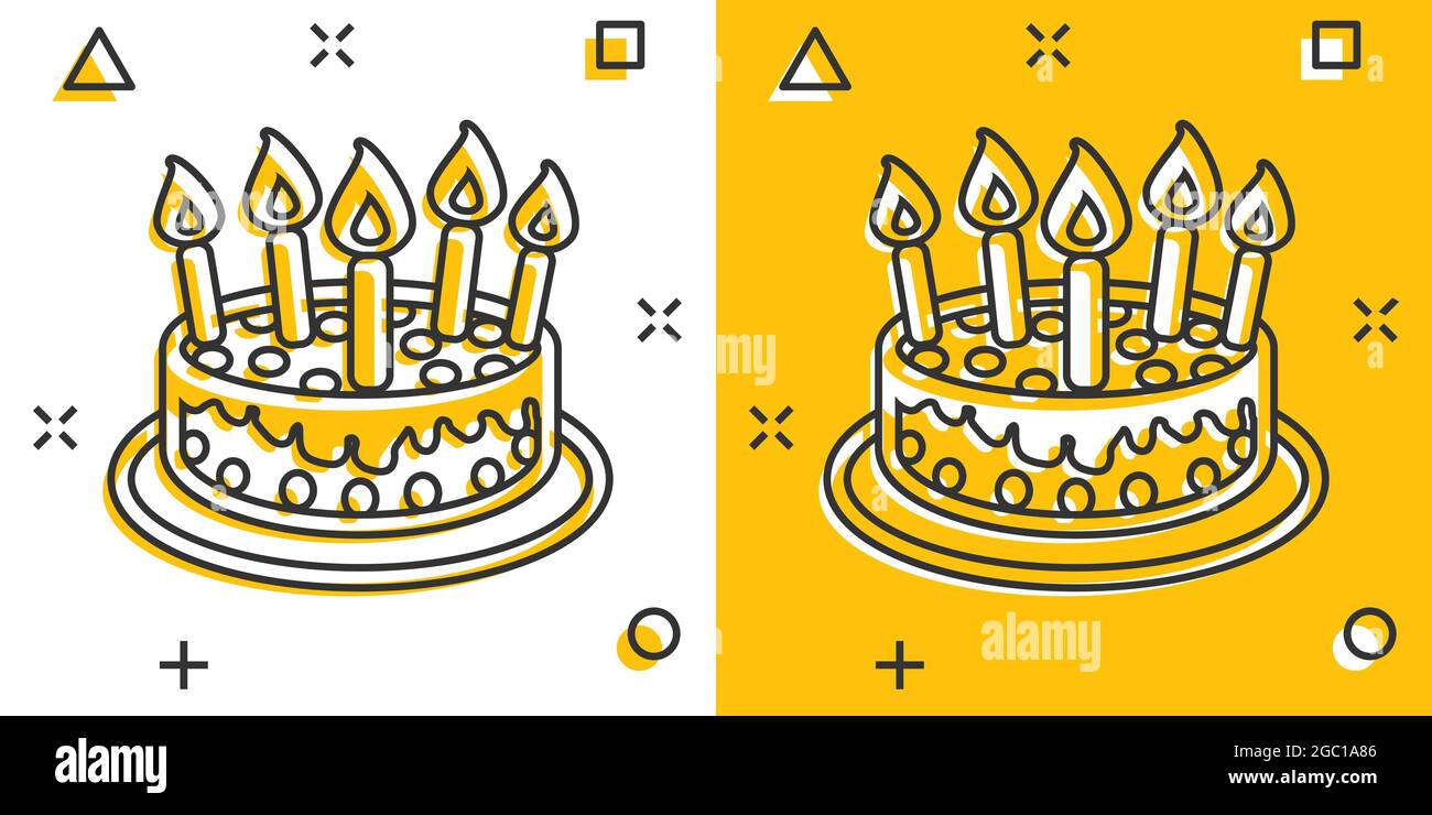 Vector cartoon cake with candle icon in comic style. Pie sign ...