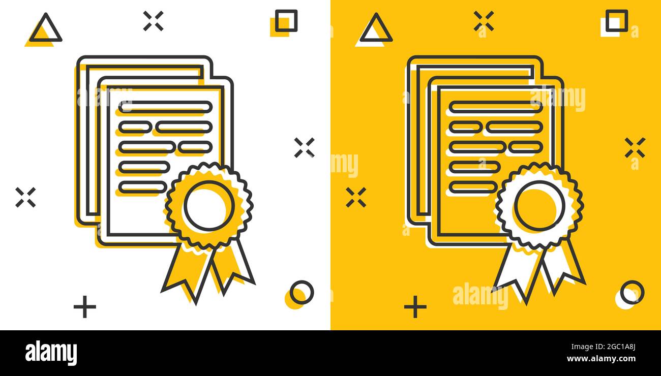 Vector cartoon certificate icon in comic style. Diploma sign ...