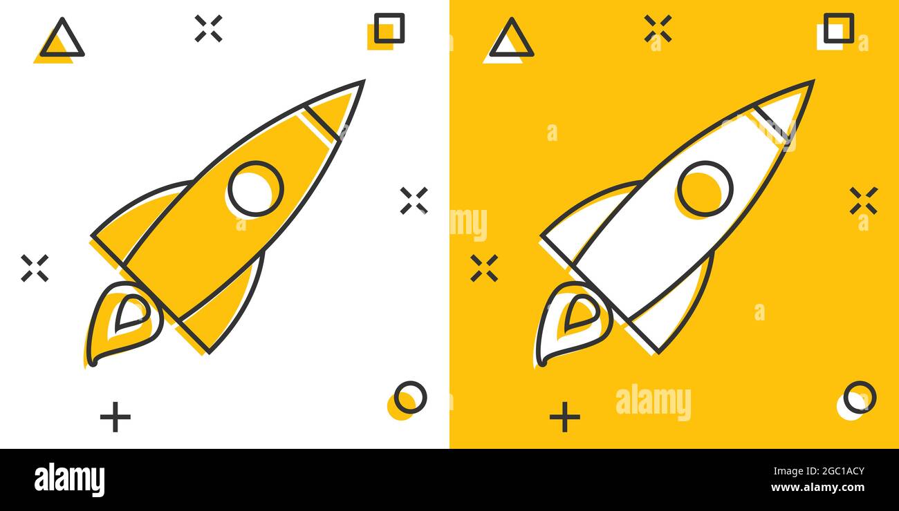 Vector cartoon rocket icon in comic style. Startup launch sign ...