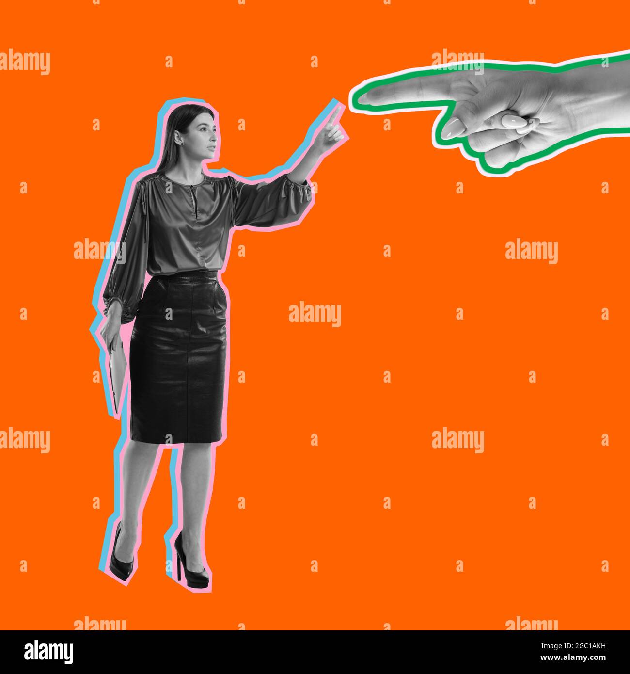Angry abstract boss pointing by finger on the female manager ...