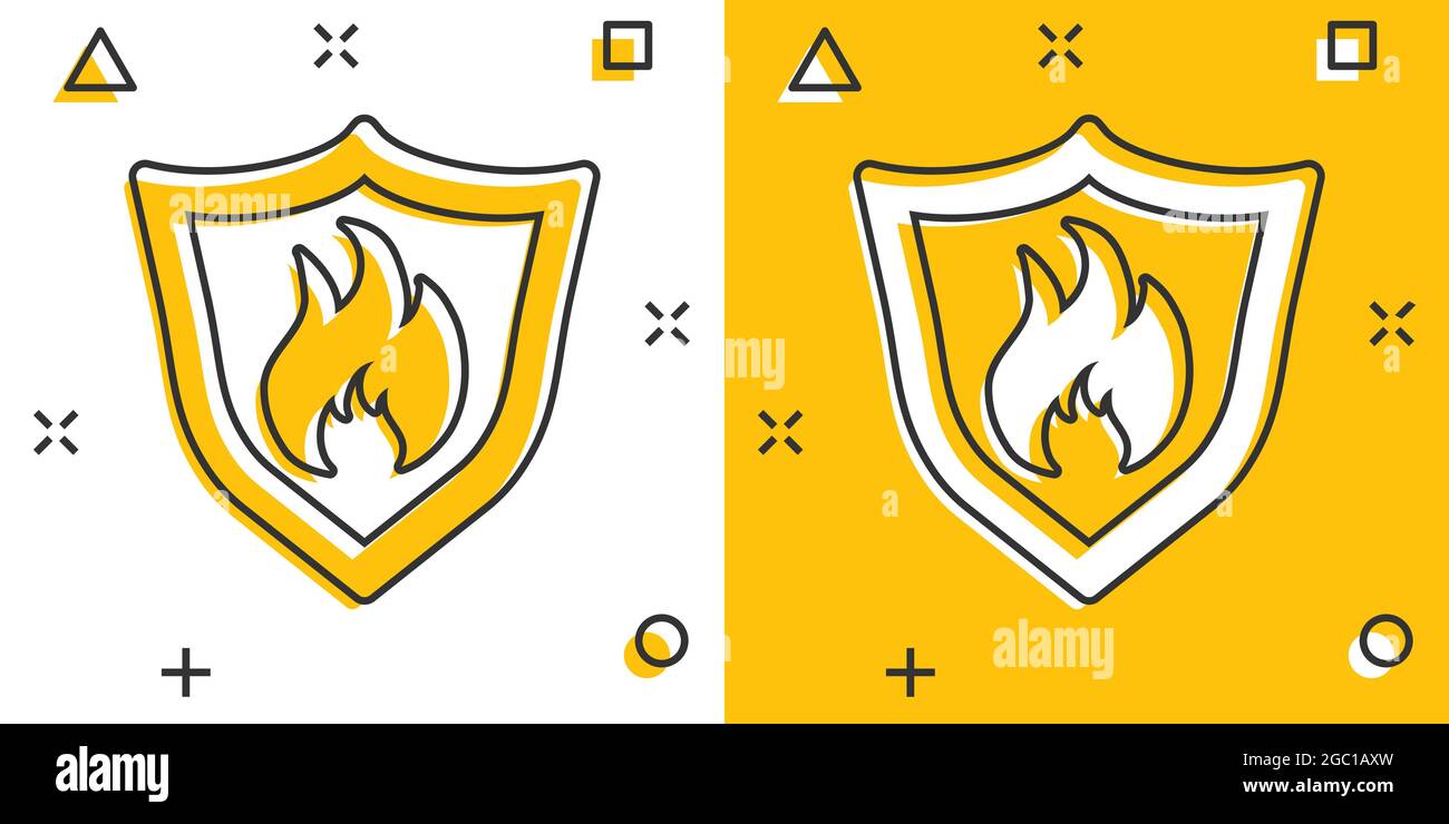 Vector cartoon fire warning shield sign icon in comic style. Flame ...
