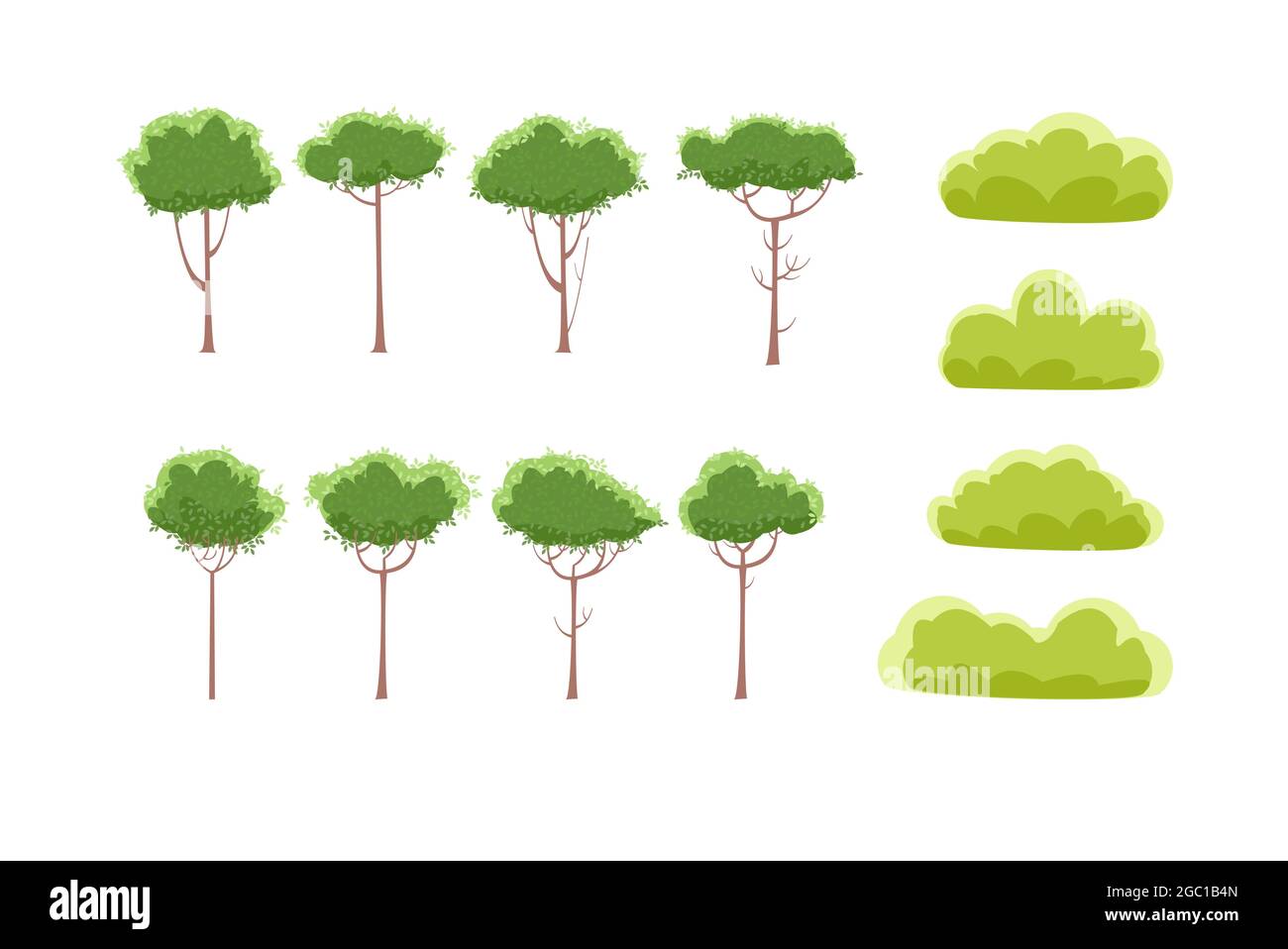 Set. Rustic summer beautiful plants. Cartoon style. Trees and shrubs ...