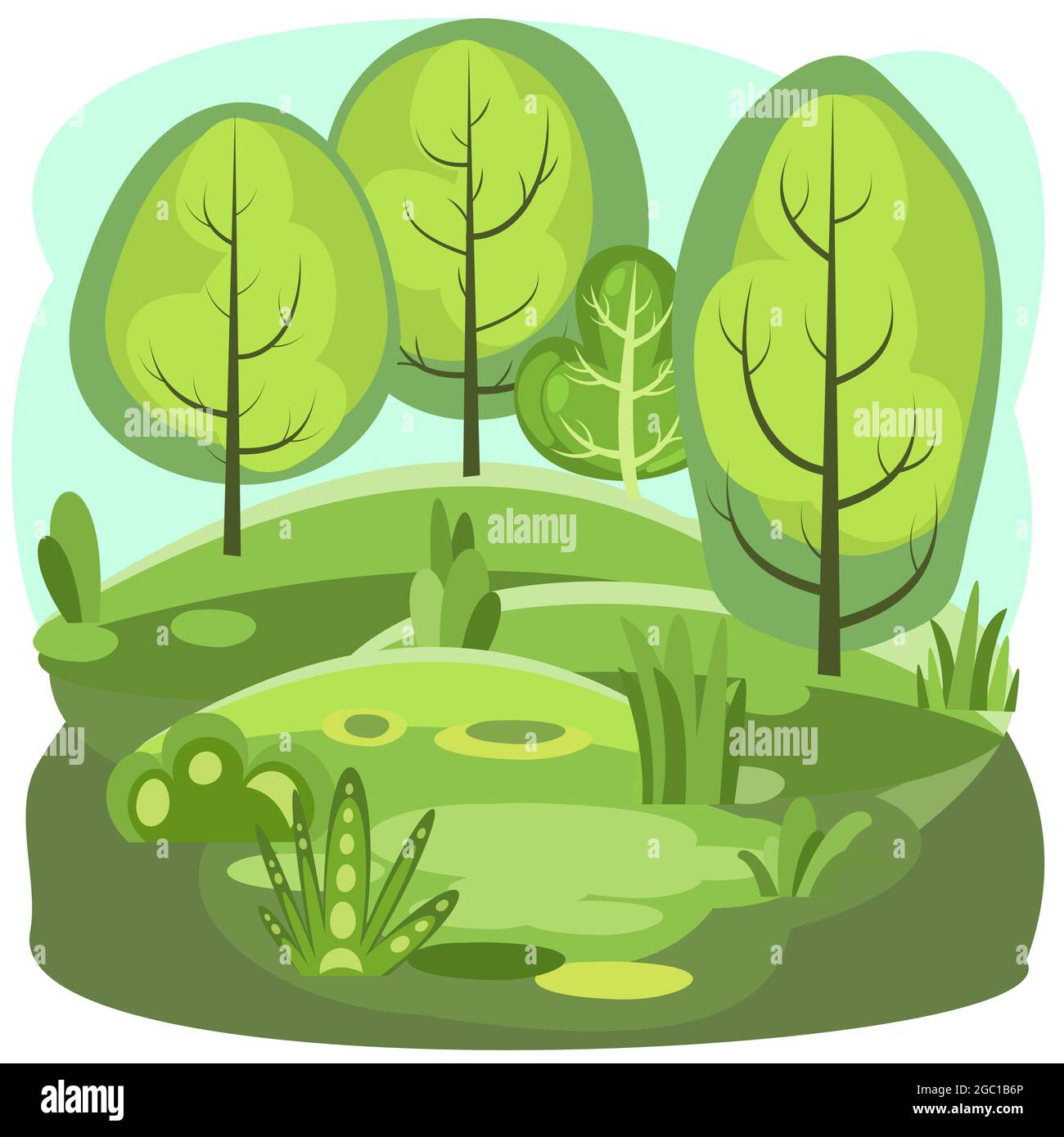 Flat forest. Illustration in a simple symbolic style. Funny green ...