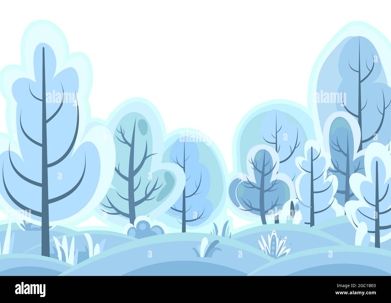 Flat winter forest. Beautiful frosty landscape, snow trees ...