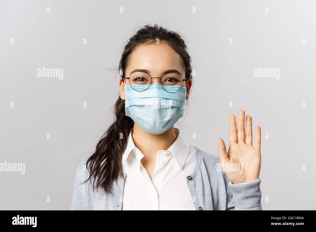 Covid19, virus, health and medicine concept. Portrait of friendly young ...