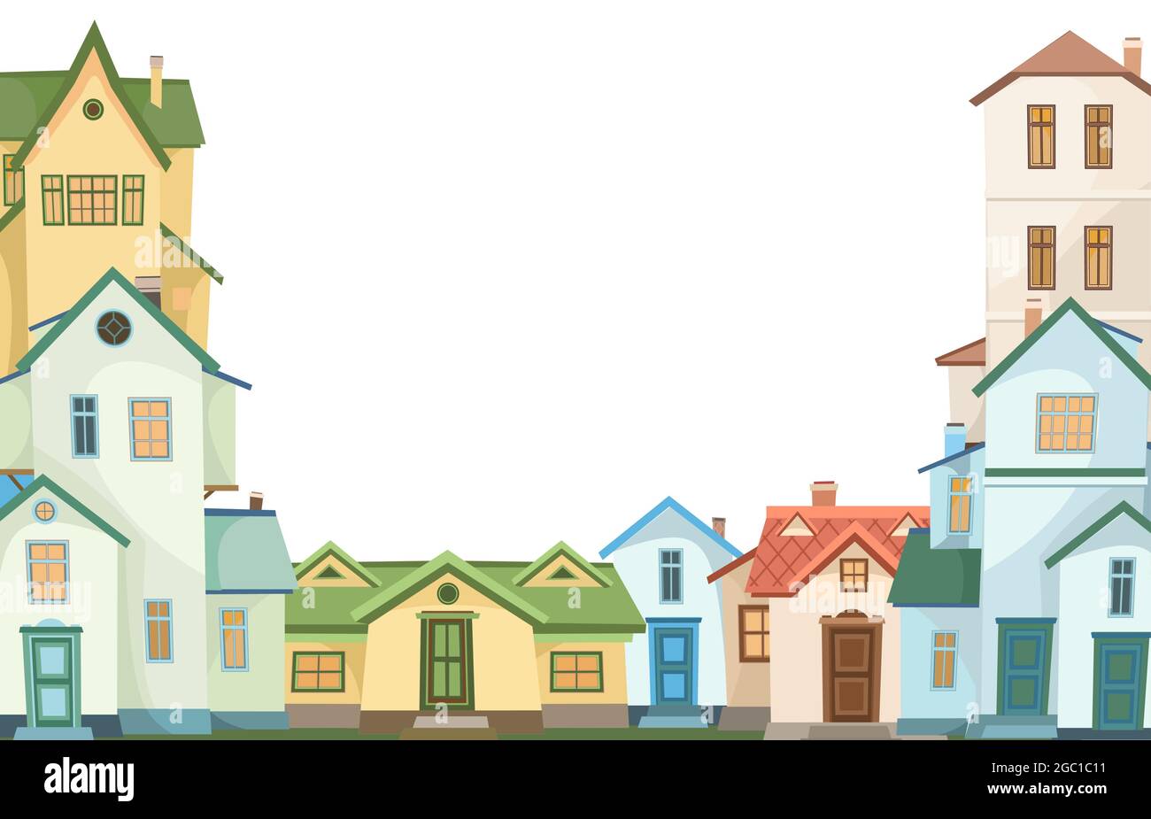 Cartoon houses of different colors. Village or town. Frame. A beautiful ...