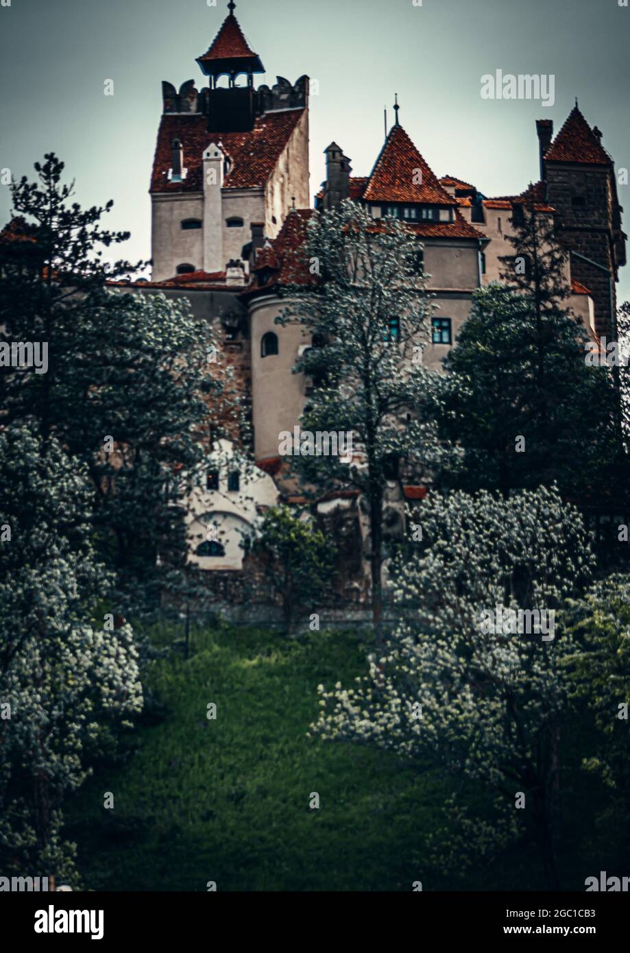 Vertical of the historical Bran Castle on the hill in Bran, Romania ...