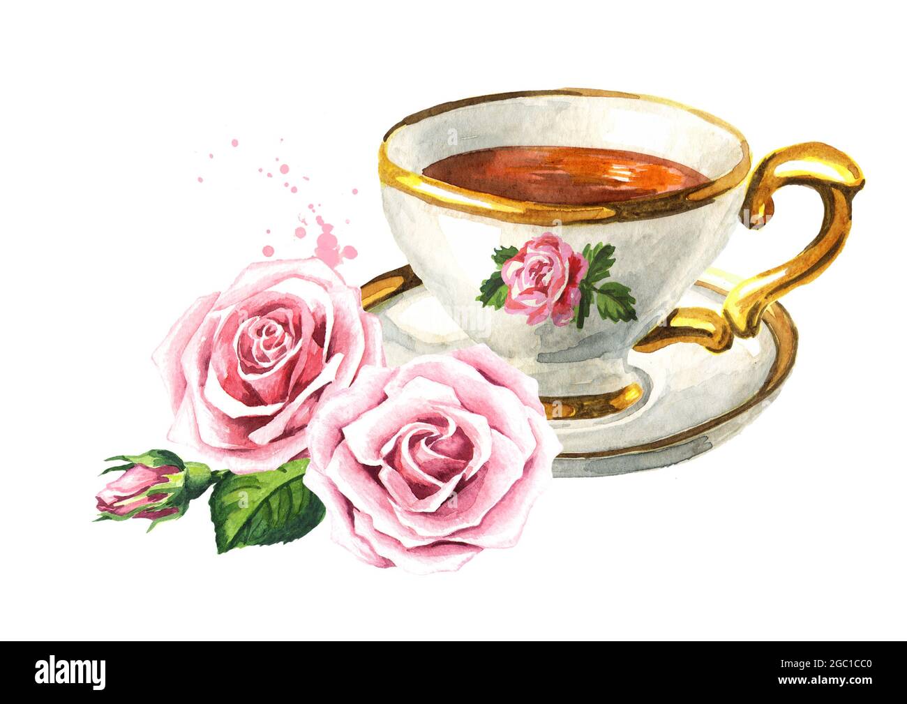 Cup of tea with rose flower. Hand drawn watercolor illustration ...