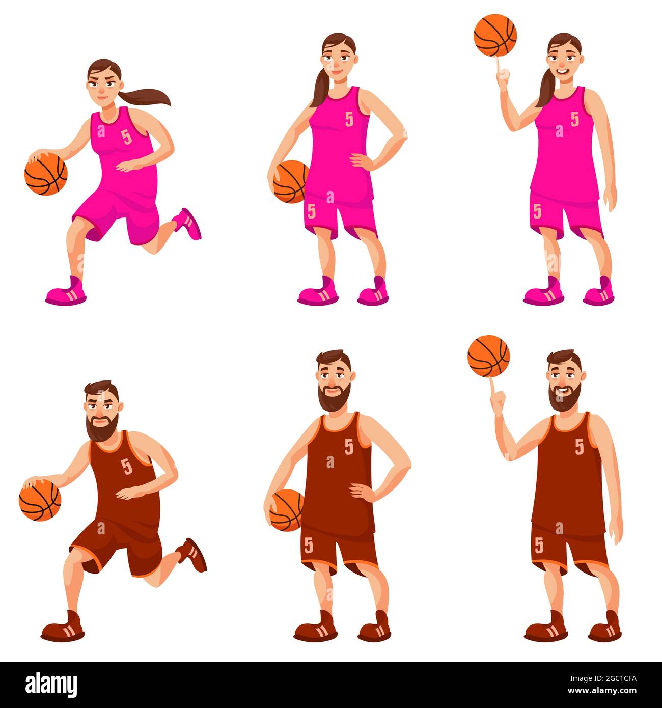 Male and female basketball players. Man and woman in different poses ...
