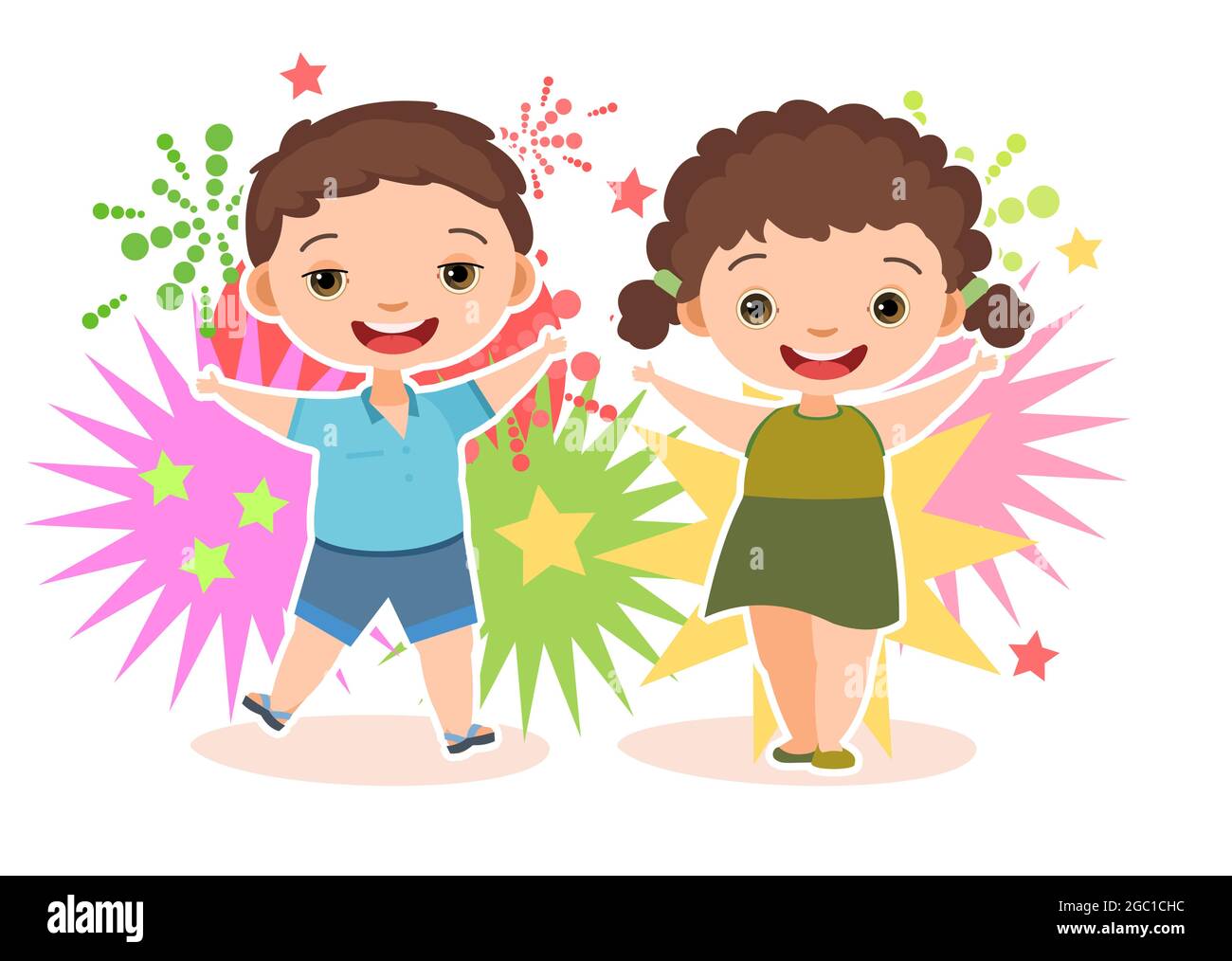 Child with salute. Little boy and girl. Fireworks at birthday party ...