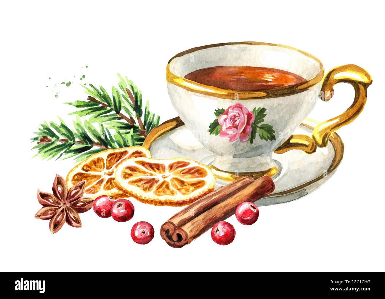 Cup of tea with spices, Christmas fragrance. Hand drawn watercolor ...