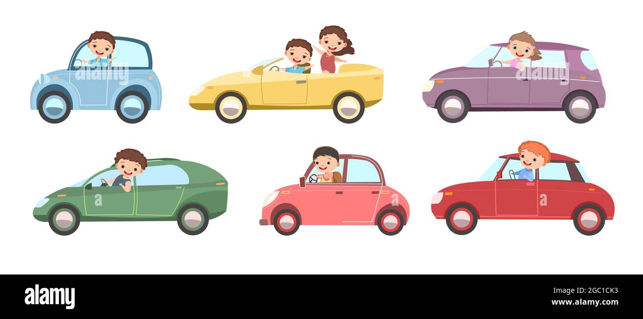 Childrens car. Set. Kids drives different cars. Toy avehicle. With a ...