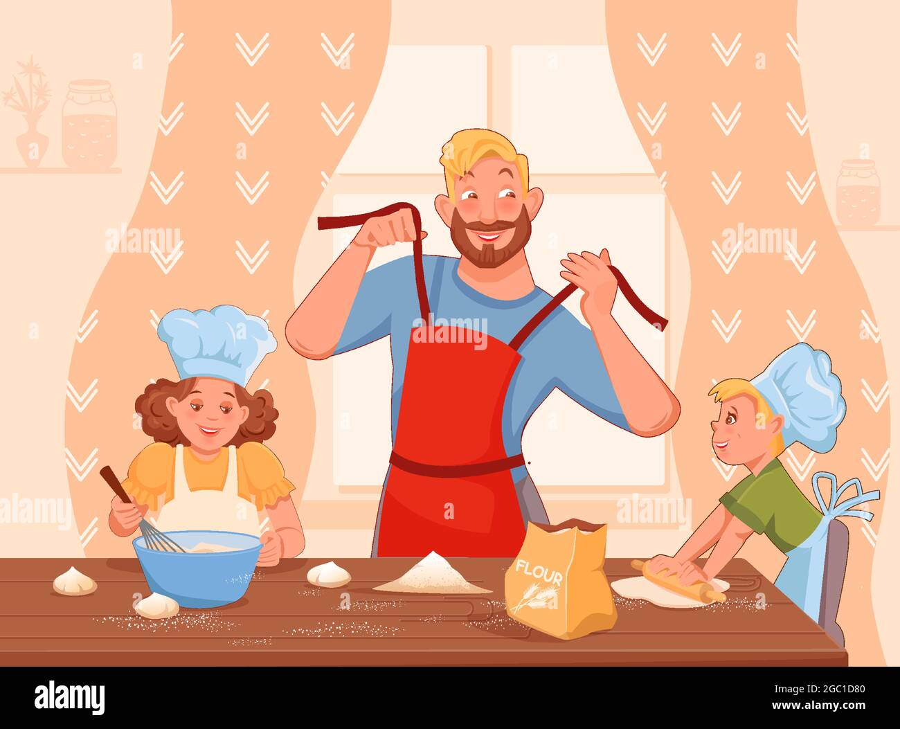 Happy Family Father and Two Children Cooking Food Together Big Table ...