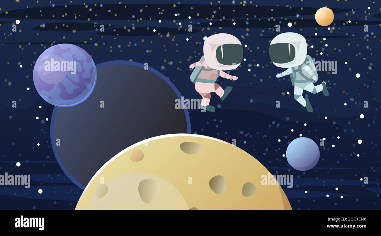 Astronauts in spacesuits. Cosmos background. Childrens illustration ...