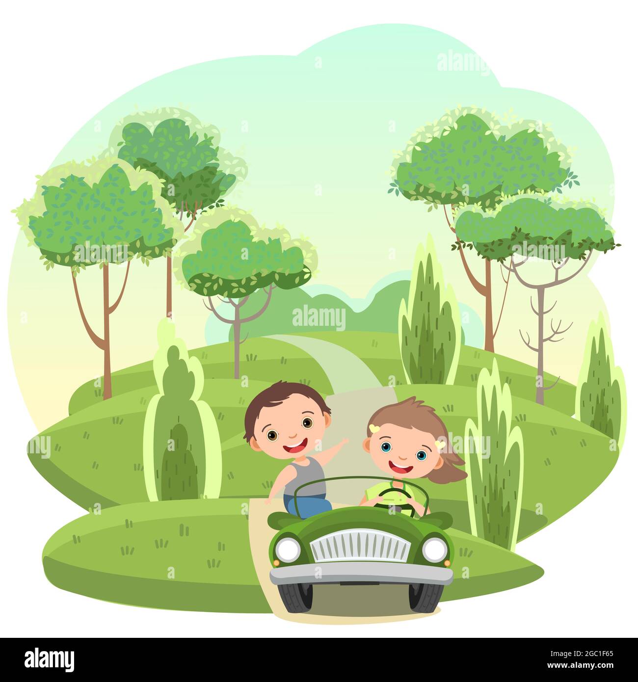 Childrens trip in a small car. Country road. Kid drives a pedal or ...