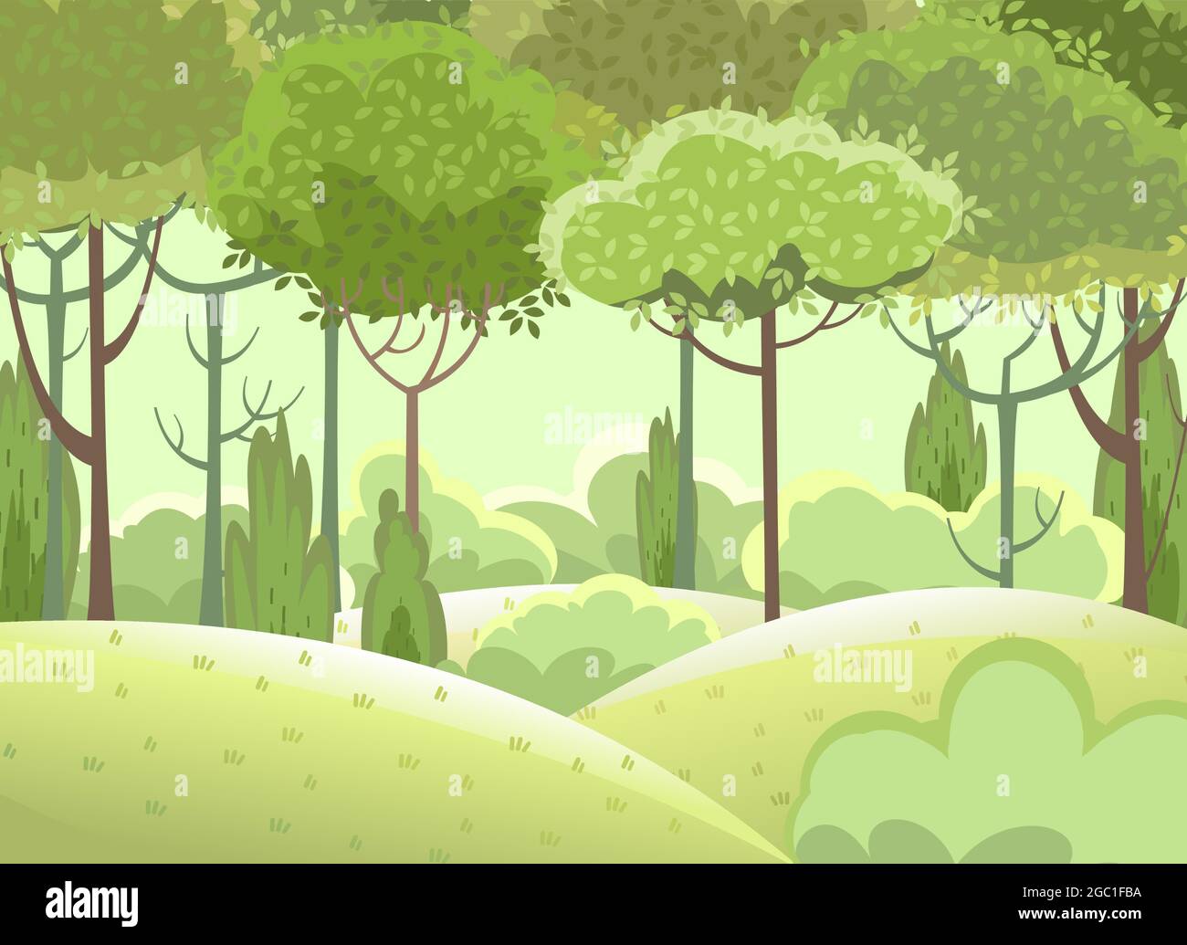 Amusing beautiful forest landscape. Cartoon style. Grass hills. Foliage ...