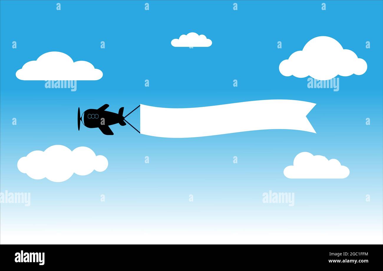 Plane with horizontal banners on blue sky background. Flying ...