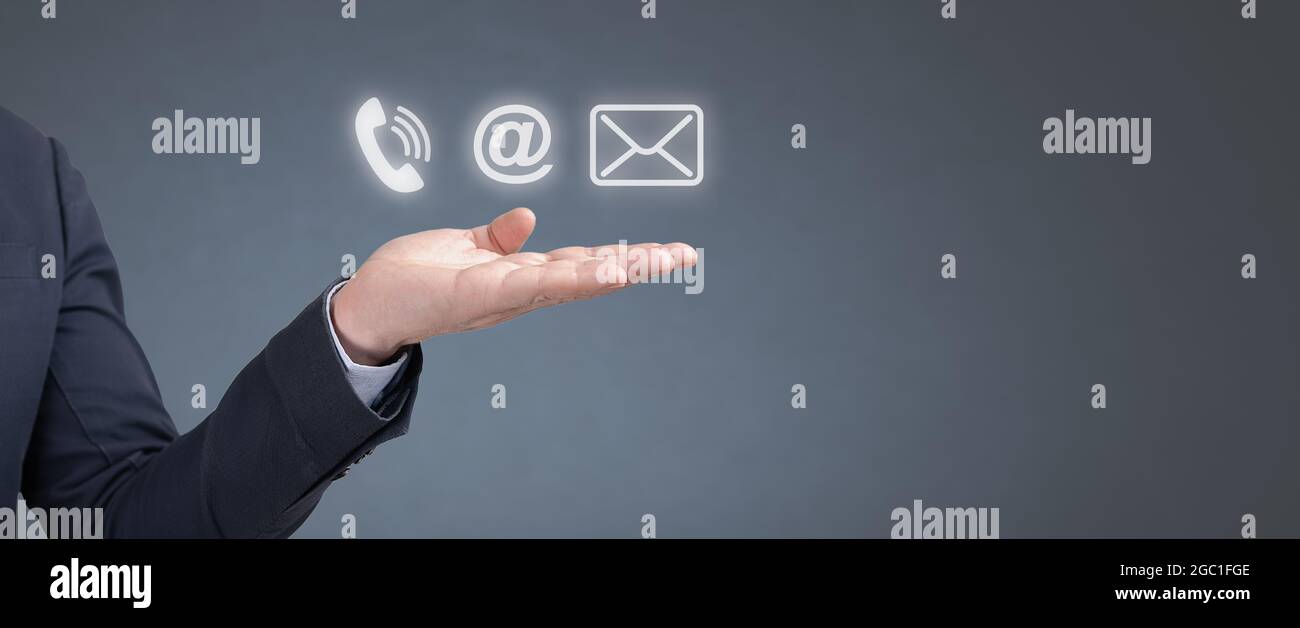 CONTACT US Methods. Hand businessman hold Phone, Email and Post Icons ...