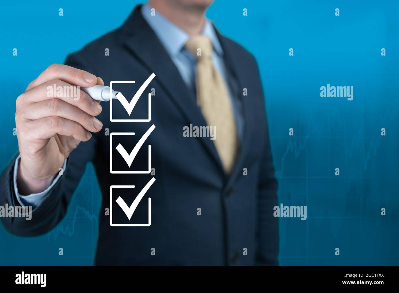 Businessman hand checking the checklist boxes on blue background. Hand ...