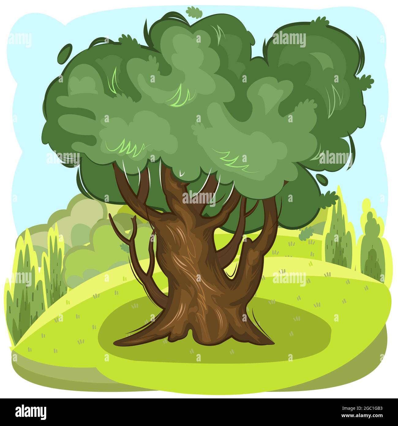 Tree. Oak. Green rural landscape with hills and hills. Flat cartoon ...