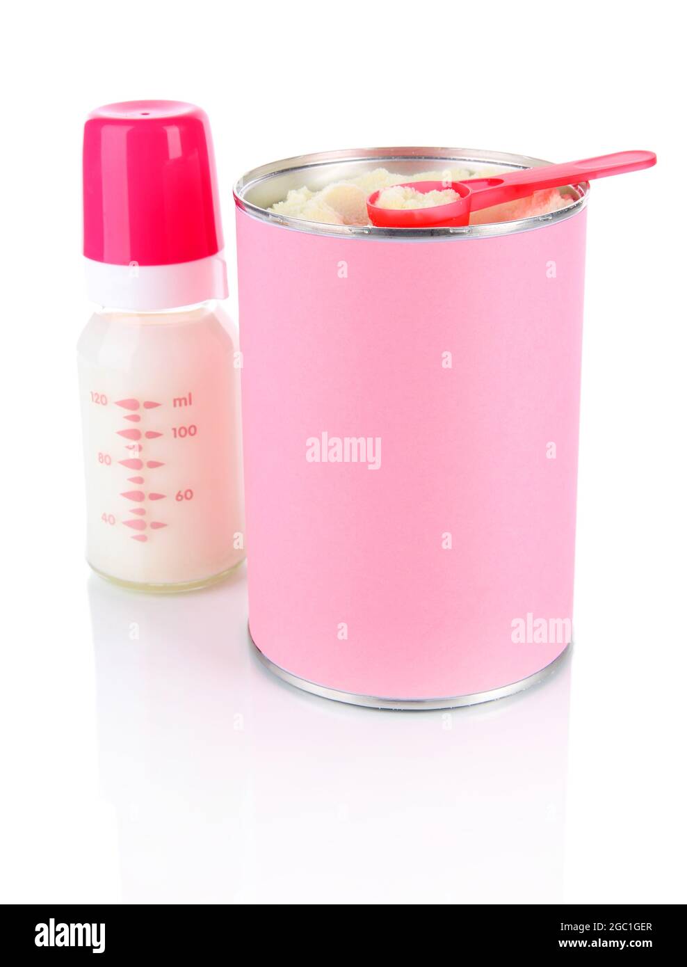 Powdered milk with baby bottle of milk isolated on white Stock Photo ...